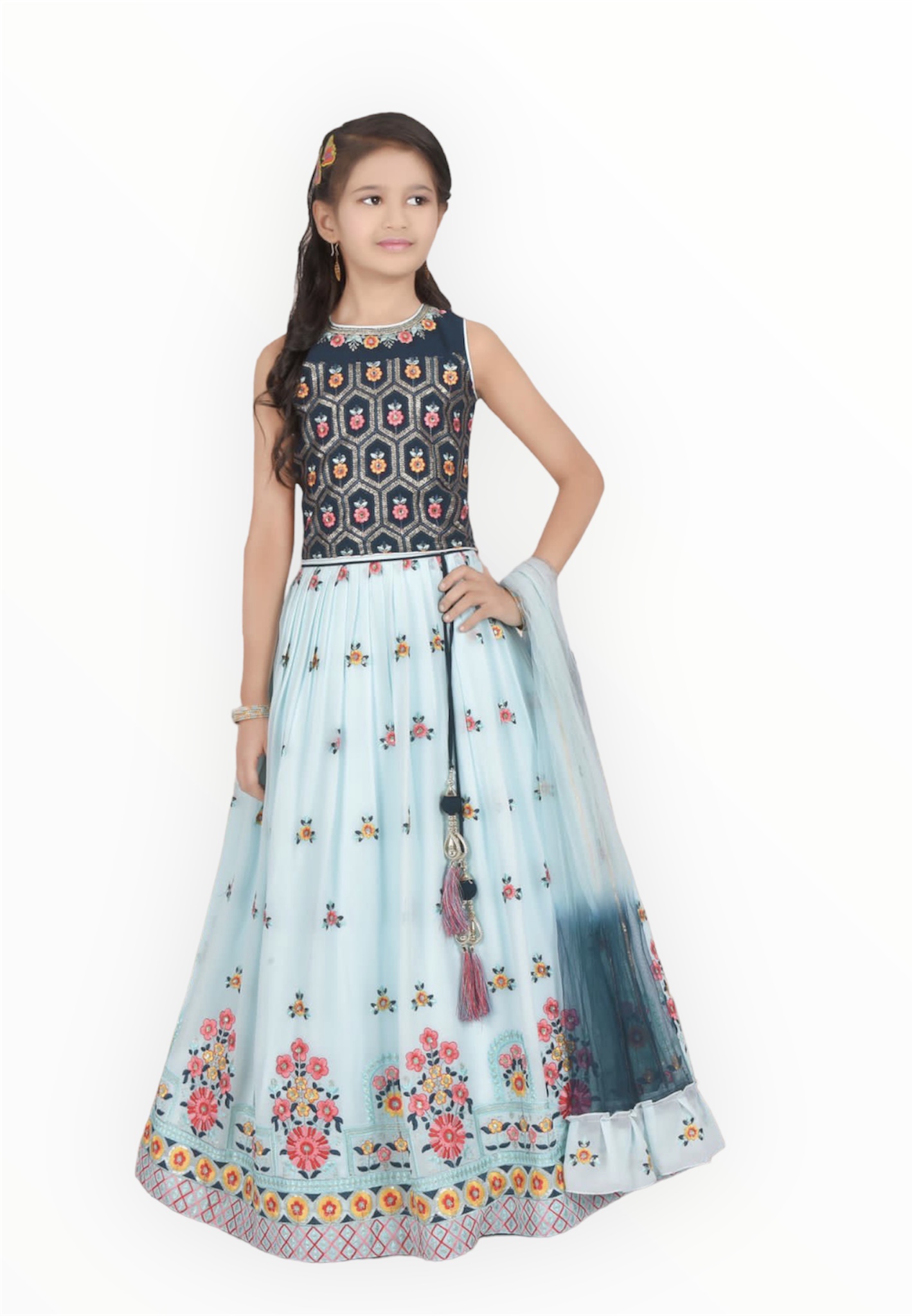 Sky and navy blue choli with multicolor work – Pallav Mall